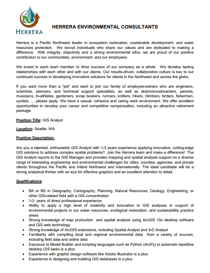 Job Opportunity - GIS Analyst for Herrera Environmental Consultants - Community, Environment ...